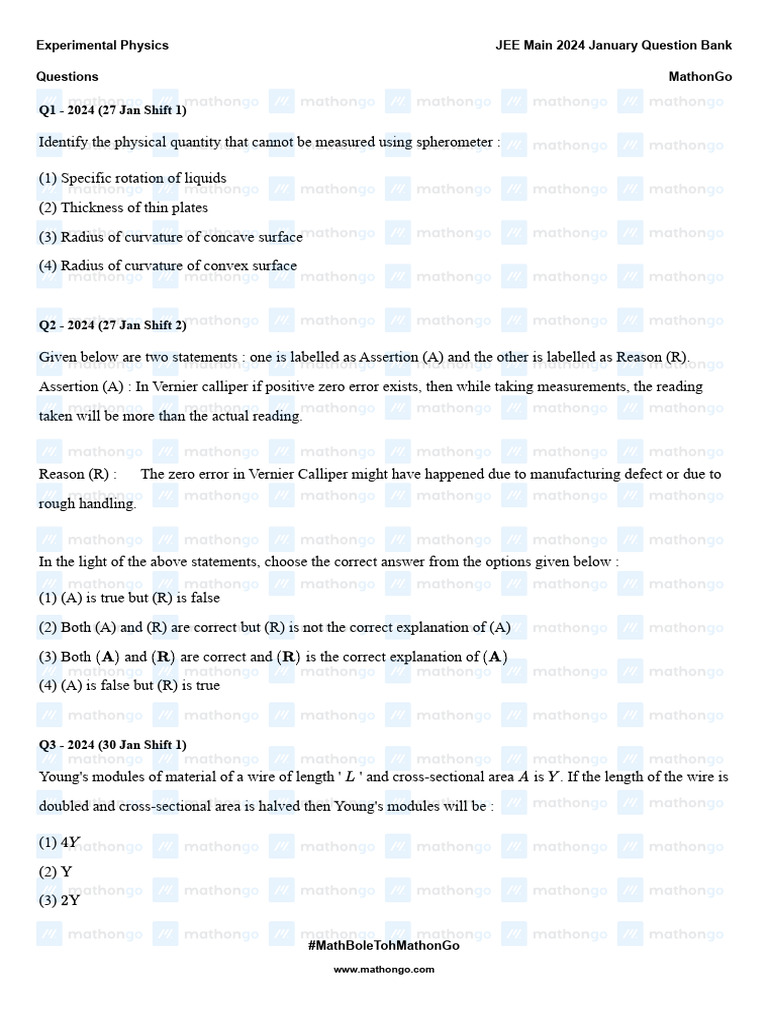Experimental Physics JEE Main 2024 January Question Bank MathonGo | PDF | Metrology