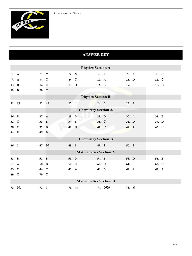 Physics, Chemistry, Math Answer Key | PDF