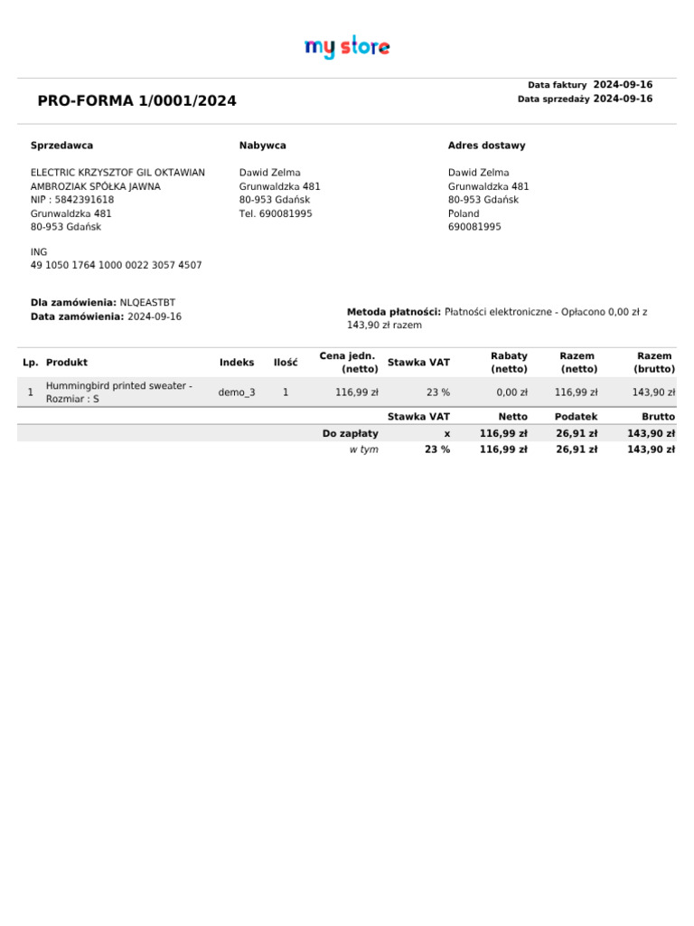 PRO-FORMA 1/0001/2024: Data Faktury Data Sprzedaży | PDF