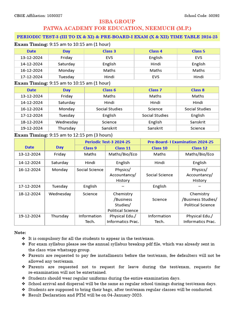 PT-3 & Pre-Board-I Exam Time Table 24-25 | PDF | Qualifications