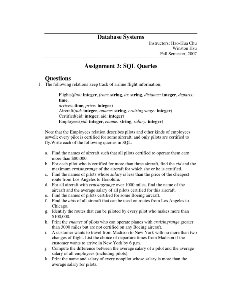 Assignment 3 Solution | PDF | Pilot (Aeronautics) | Sql