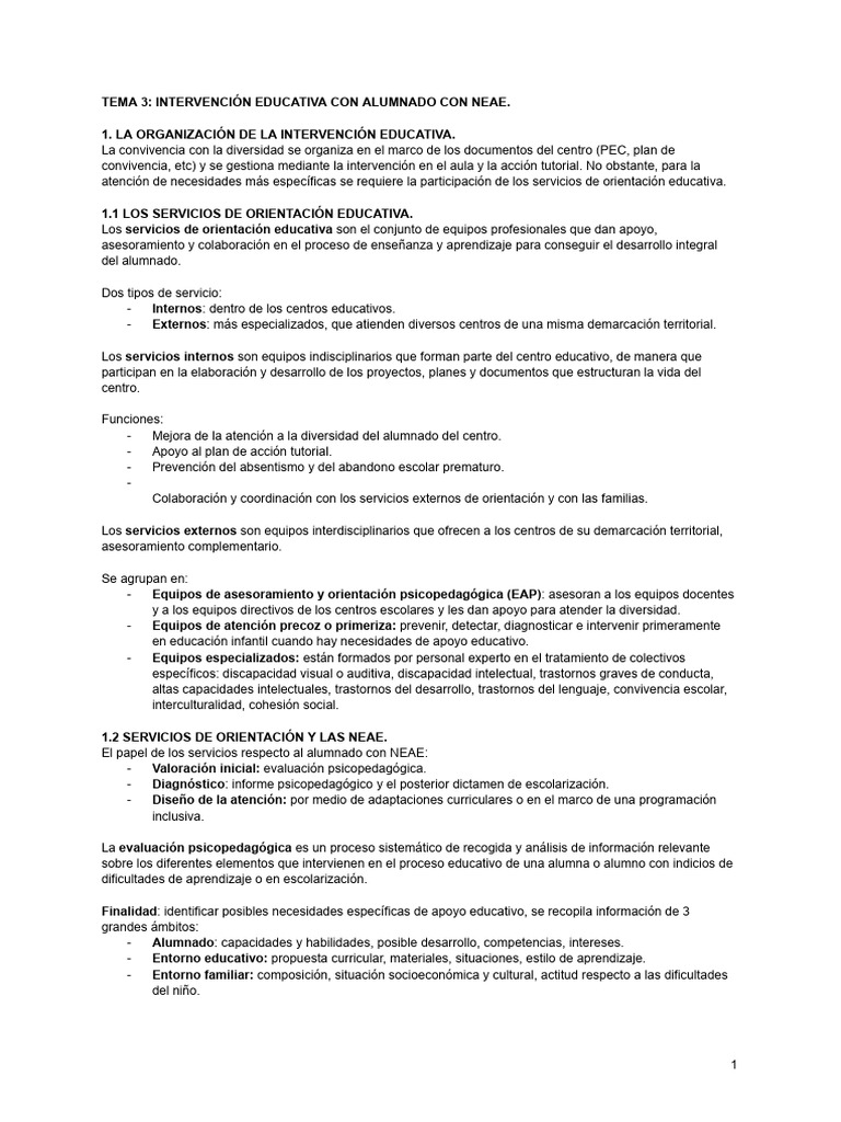 Tema 3 - Intervención Educativa Con Alumnado Con Neae | PDF | Plan de estudios | Educación especial