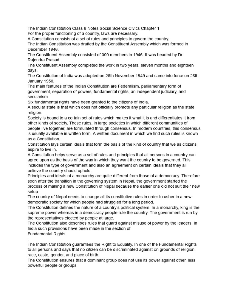 The Indian Constitution Class 8 Notes Social Science Civics Chapter 1 ...