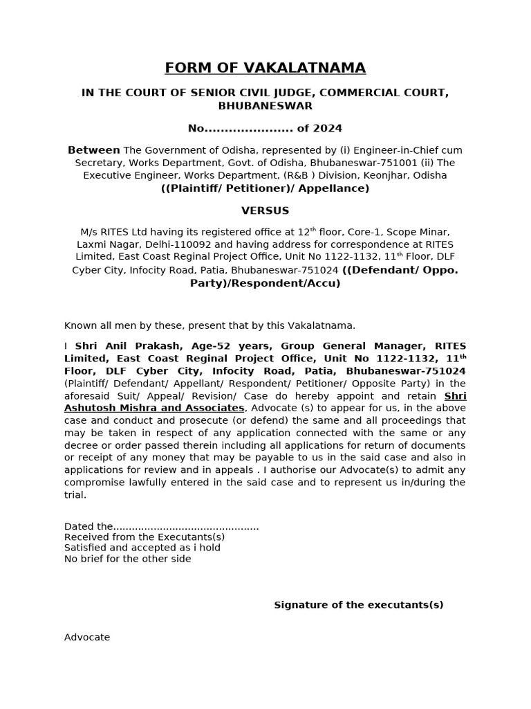 Form of Vakalatnama | PDF