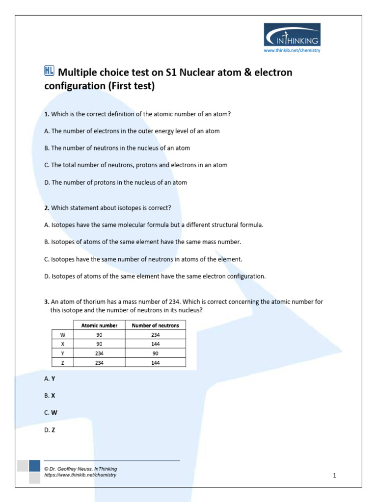 Chemistry MCQ: Atomic Structure | PDF | Atoms | Atomic Nucleus