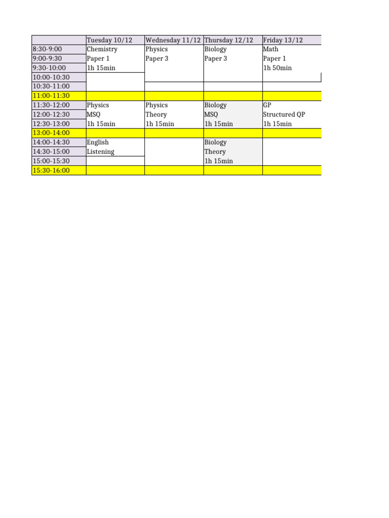 10th Grade Semester Exam Timetable | PDF