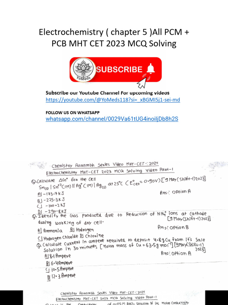 Electrochemistry MHT CET 2023 All PCM MCQ PDF WITH ANSWER | PDF