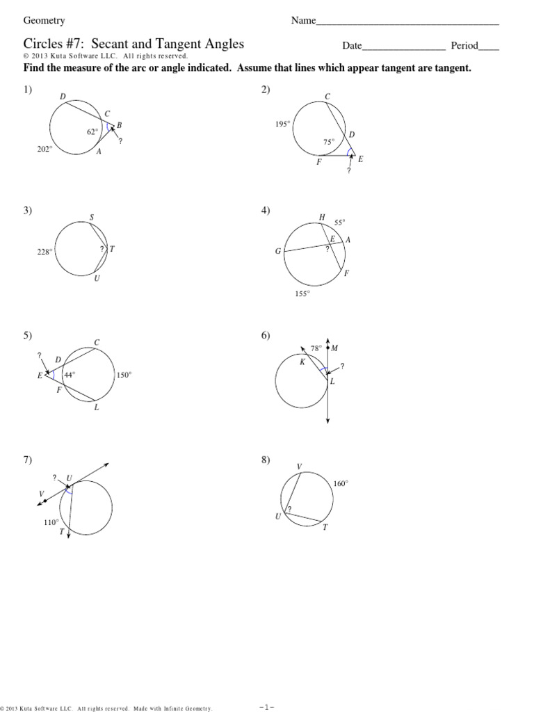 Circle Geometry: Secant & Tangent Angles Worksheet | PDF | Tangent | Angle