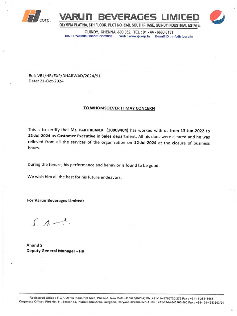 Varun Reliving Letter | PDF