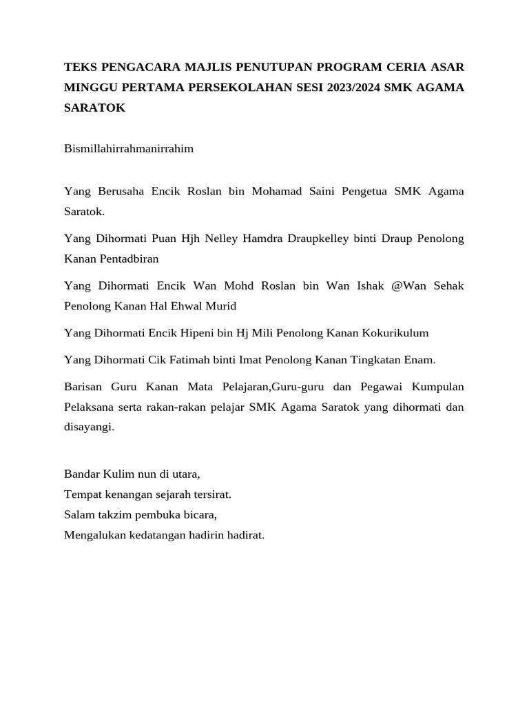 TEKS PENGACARA MAJLIS PENUTUPAN PROGRAM CERIA ASAR MINGGU PERTAMA PERSEKOLAHAN SESI 2023 | PDF
