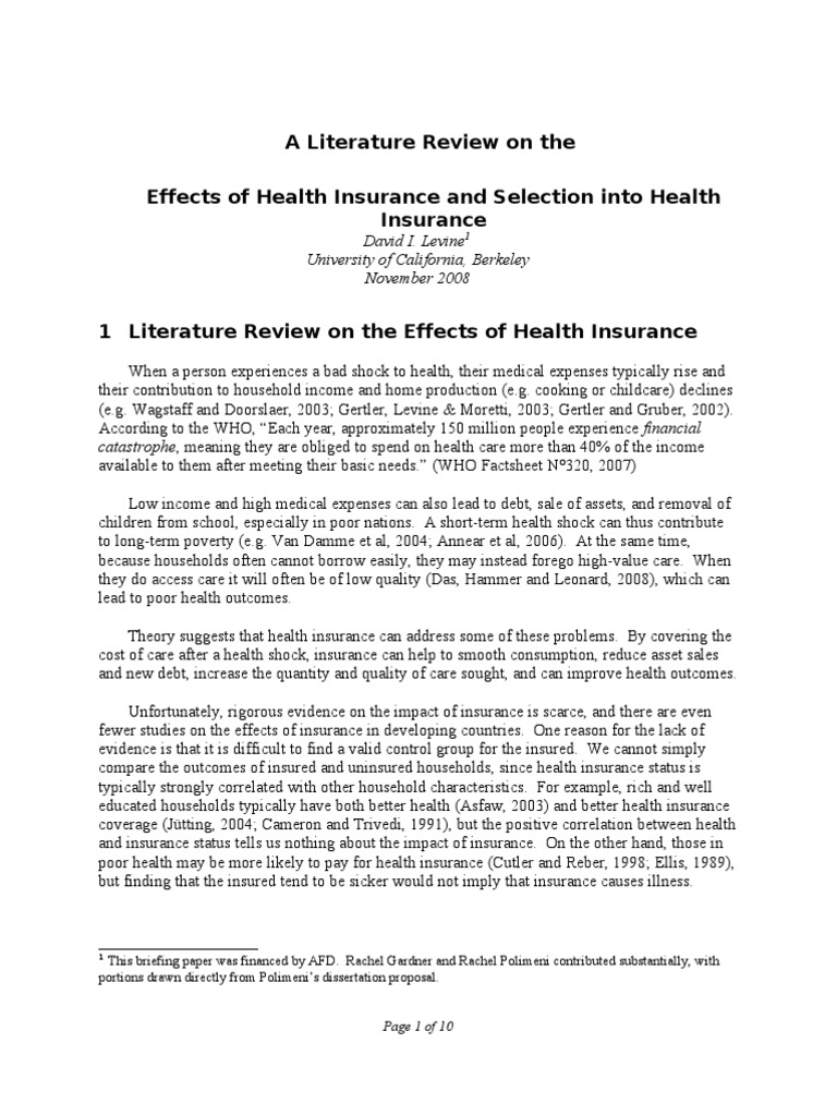 A Literature Review On The Effects of Health Insurance and Selection ...