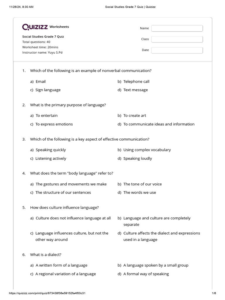 Social Studies Mutliple choice Grade 7 Quiz _ Quizizz | PDF ...