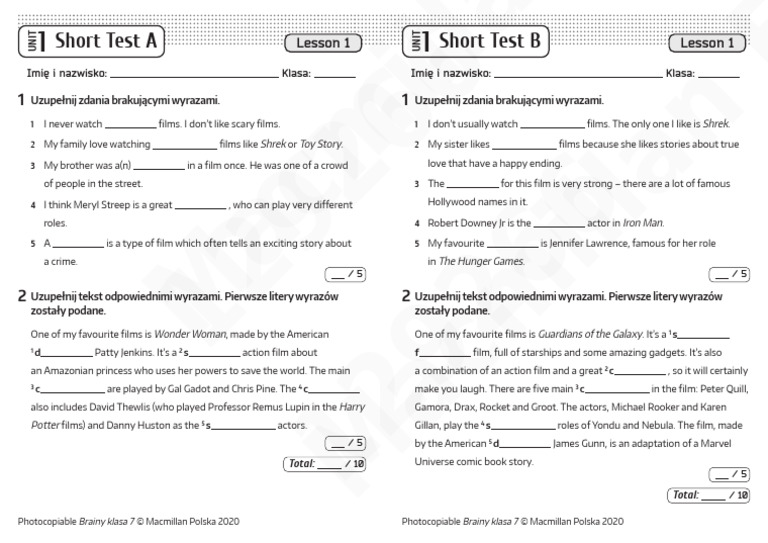 Brainy_kl7_Short_Tests_Unit_1_Lesson_1 | PDF