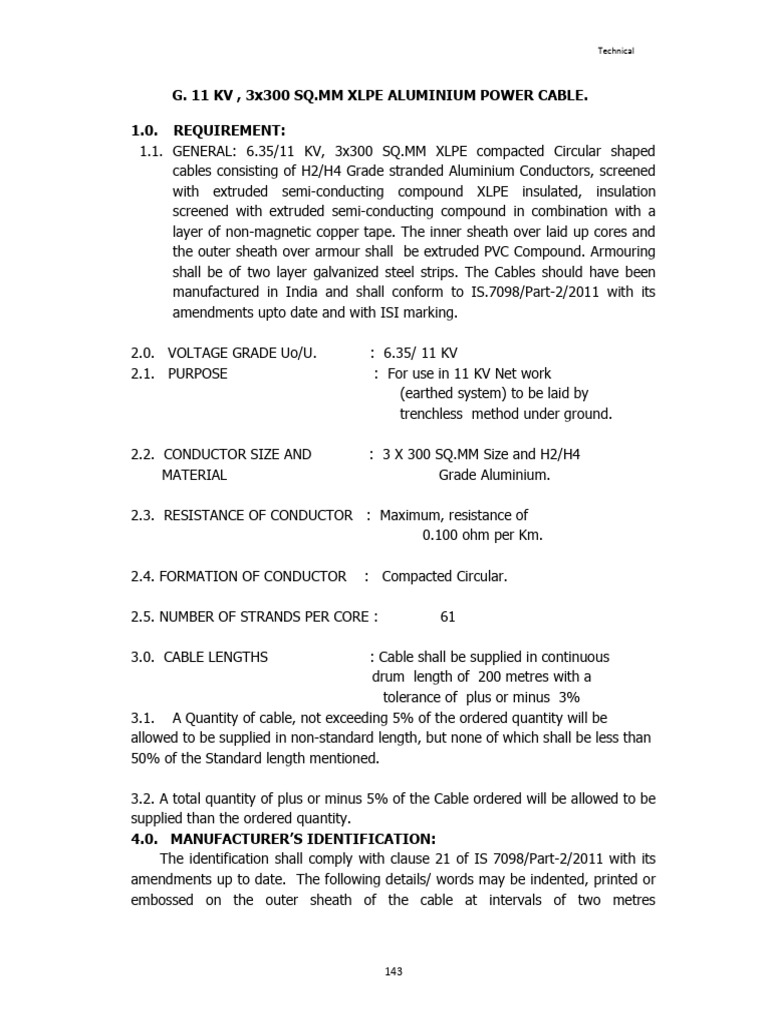 11 KV, 3x300 SQ - MM XLPE ALUMINIUM POWER CABLE Spec | PDF | Insulator ...