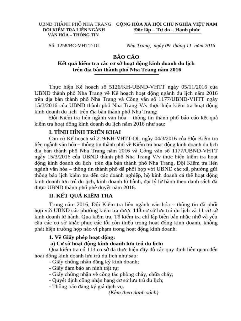 Bao Cao Ket Qua Kiem Tra Du Lich 2016 Mau 1 | PDF