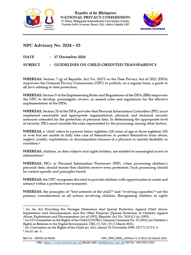 GUIDELINES ON CHILD-ORIENTED TRANSPARENCY (NPC Advisory No. 2024 - 03 ...