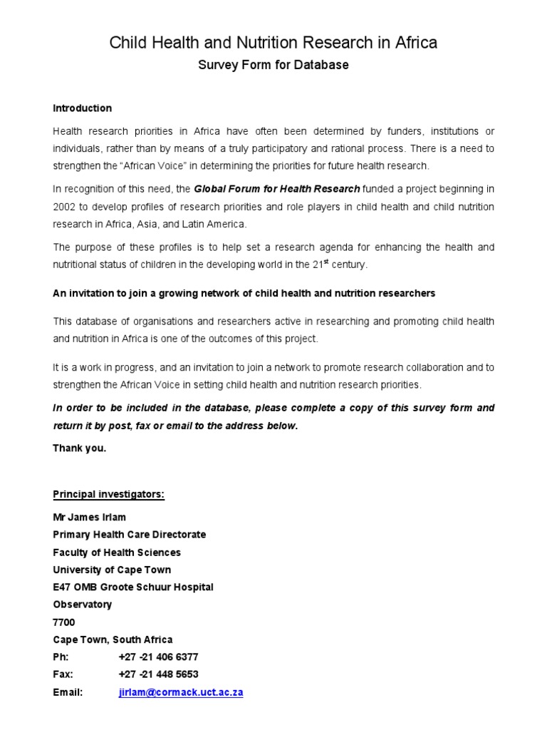 Child Health and Nutrition Research in Africa: Survey Form For Database ...