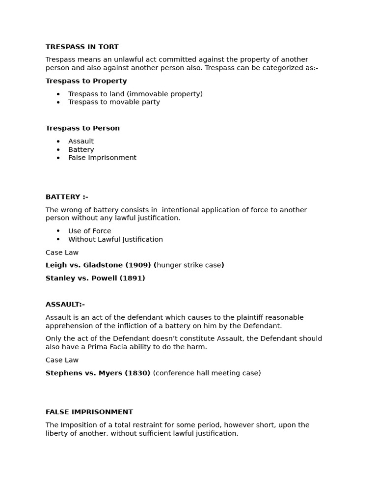 Trespass to Person in Tort | PDF