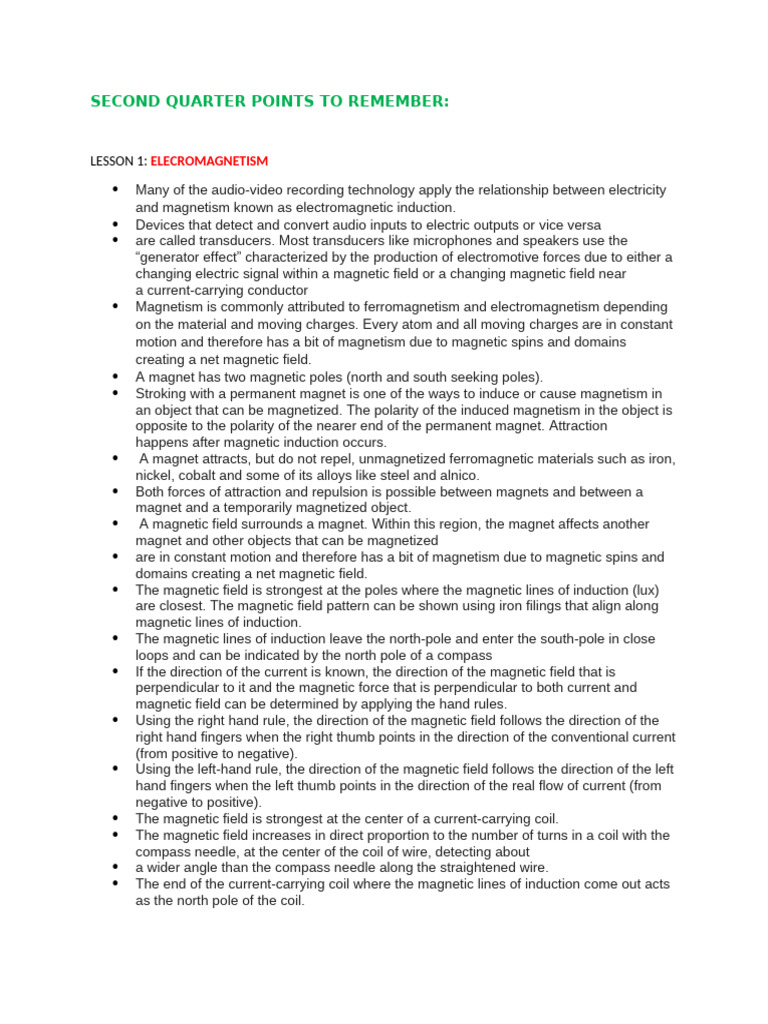 Second Quarter Points To Remember | PDF | Electromagnetic Radiation ...
