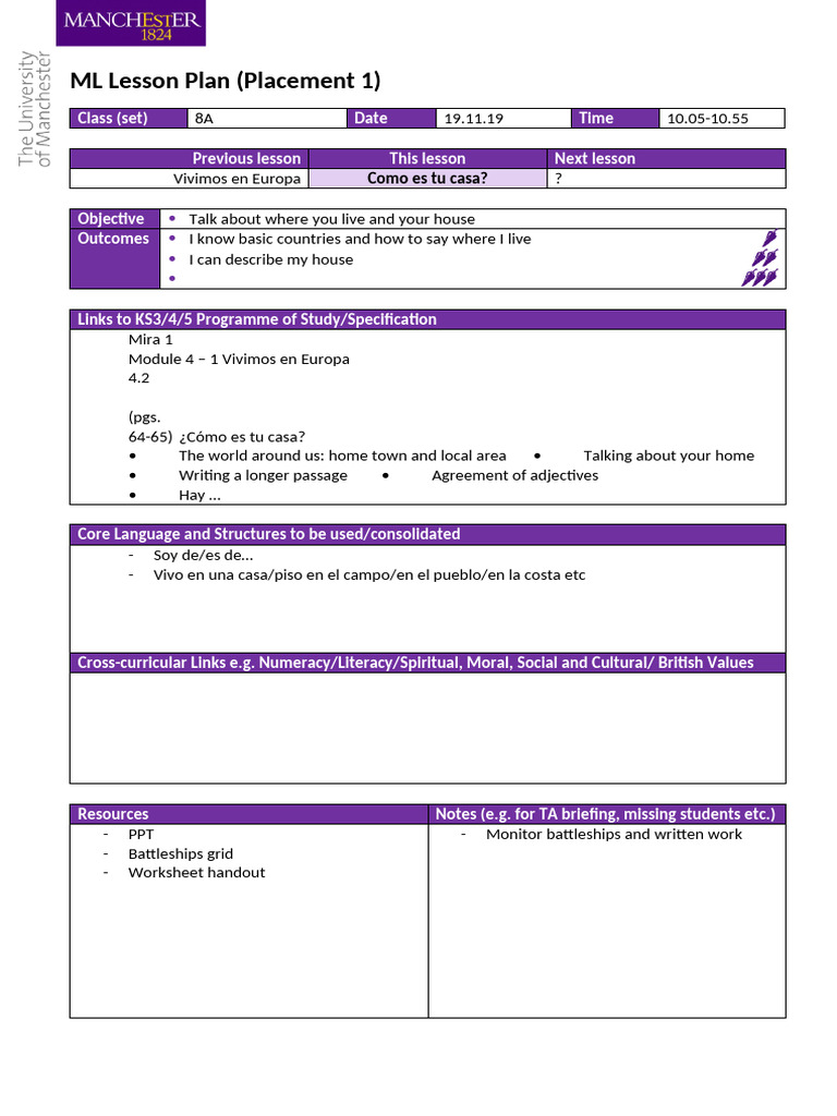 Lesson Plan - Como Es Tu Casa - 19.11.19 | PDF | Education Theory ...
