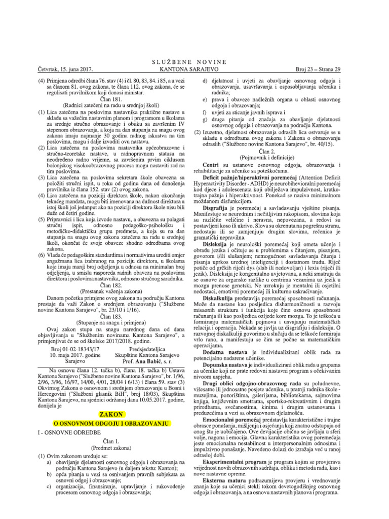 Zakon - o - Osnovnom - Odgoju - I - Obrazovanju - SN - Ks - 23 - 17 1 | PDF