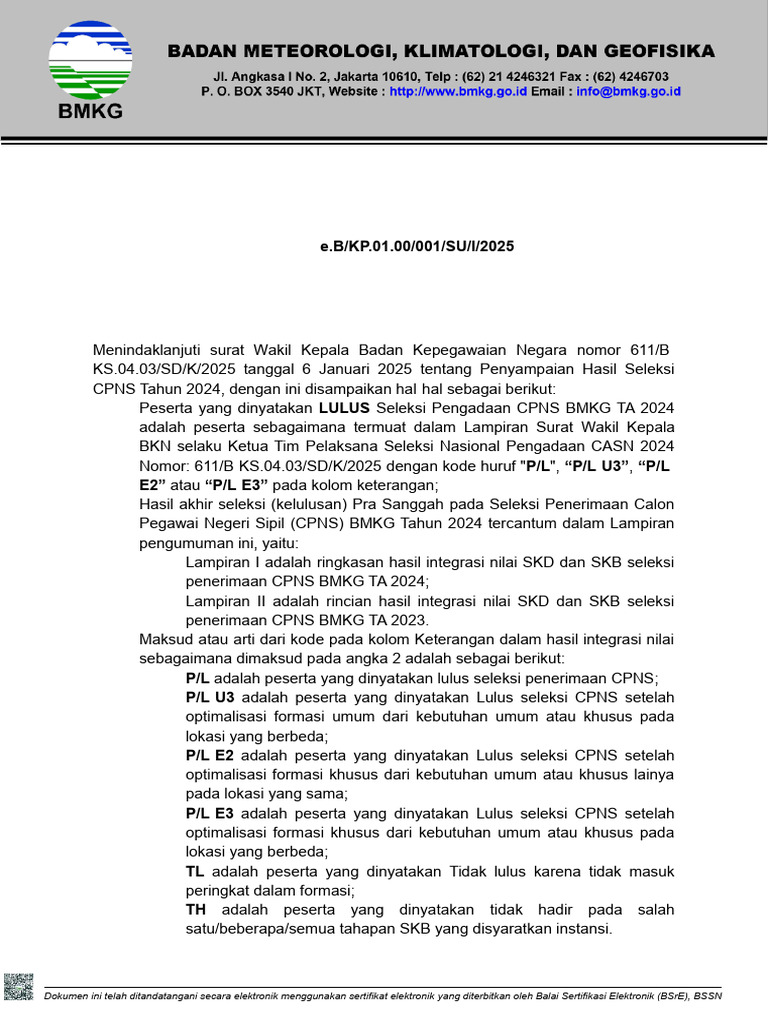 Hasil Akhir Seleksi CPNS BMKG 2024 Pra Sanggah | PDF