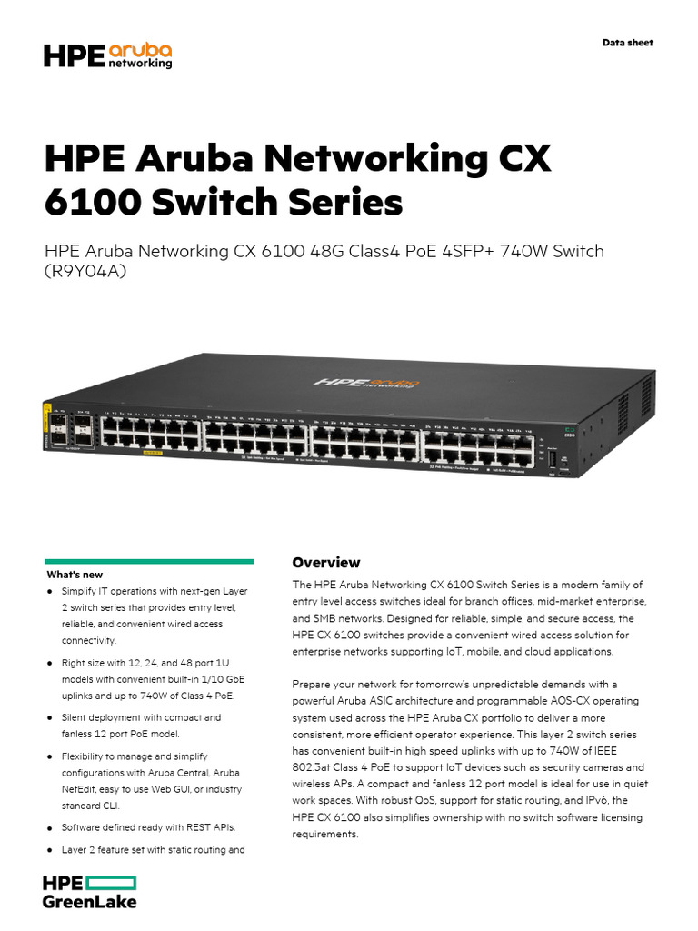 HPE Aruba Networking CX 6100 48G Class4 PoE 4SFP+ 740W Switch-PSN1014739204WWEN | PDF | Computer ...