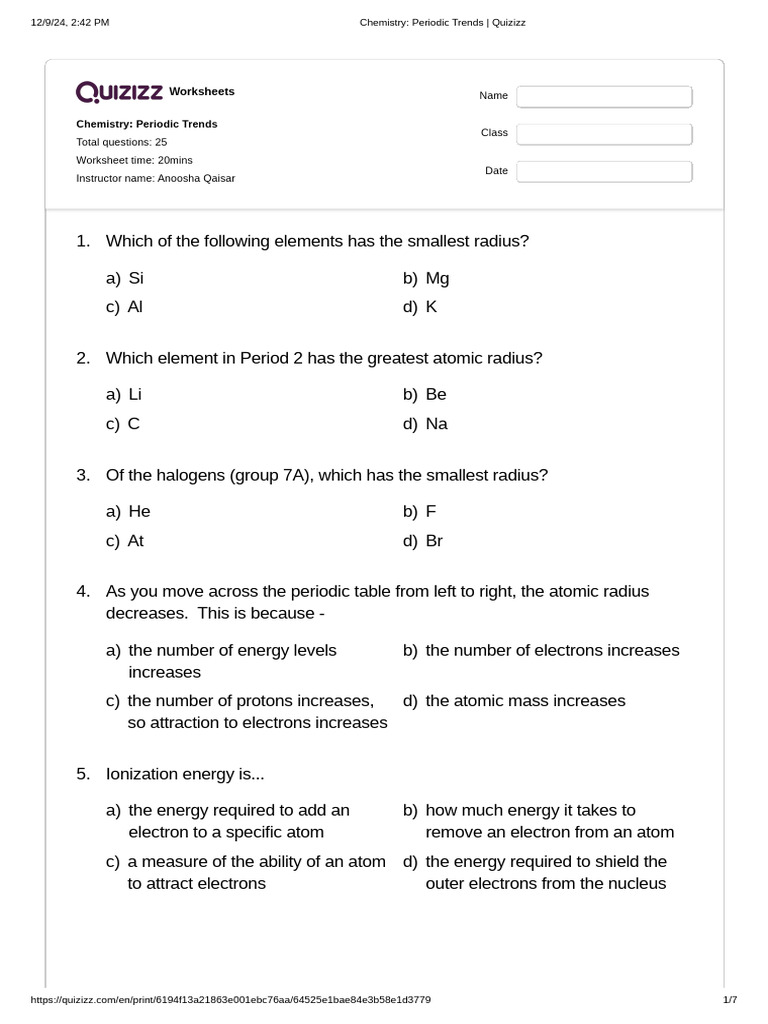 Quizizz - Chemistry - Periodic Trends | PDF | Periodic Table | Atomic ...
