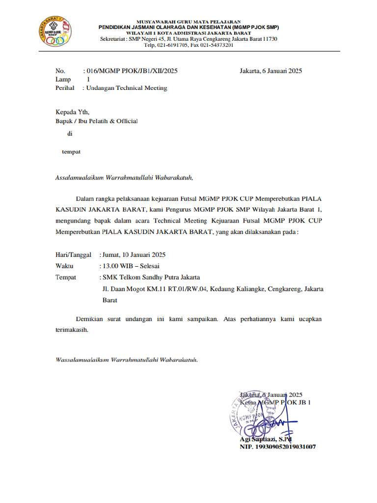 Undangan Technical Meeting MGMP Cup | PDF