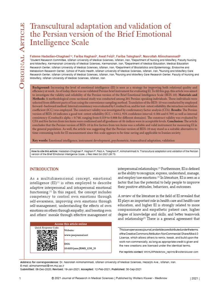 Transcultural Adaptation And Validation Of The 73 Pdf Emotional Intelligence Validity