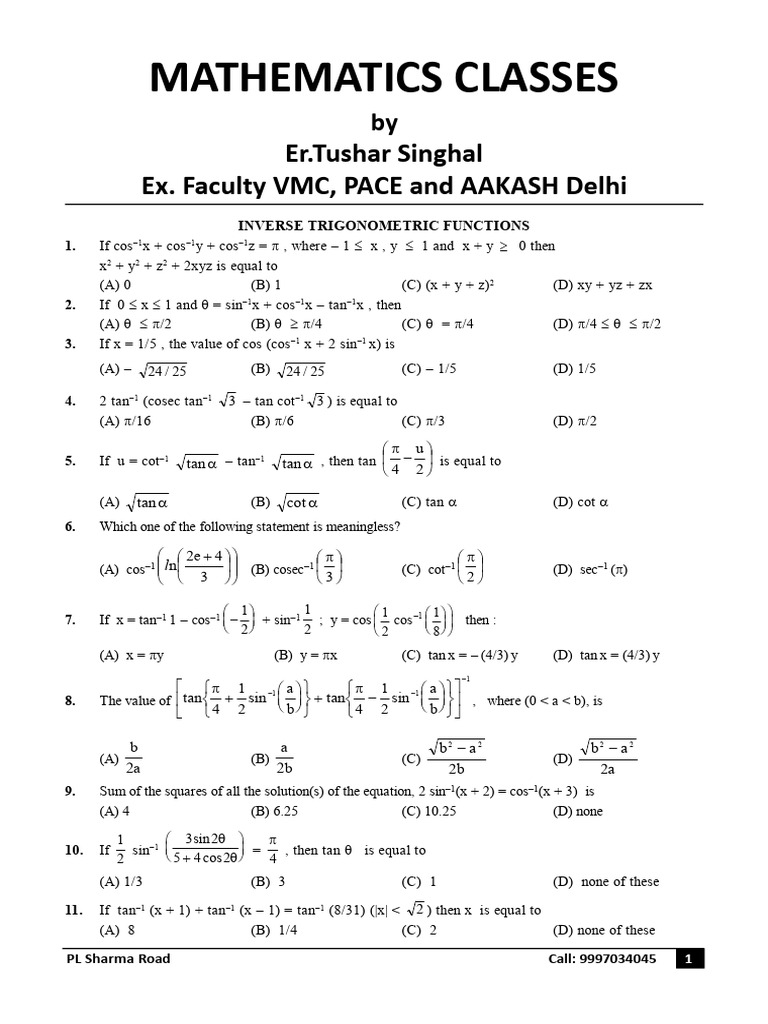 Inverse Trigonometric Functions Exercises | PDF | Trigonometric ...