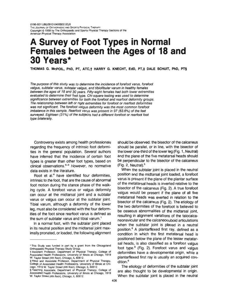 Mcpoil Et Al 1988 A Survey of Foot Types in Normal Females Between The ...