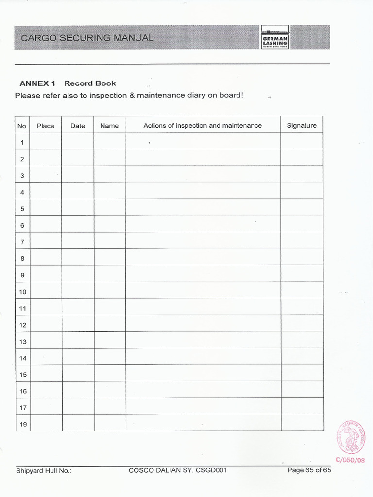 Cargo Securing Manual - Annex 1 Record Book | PDF
