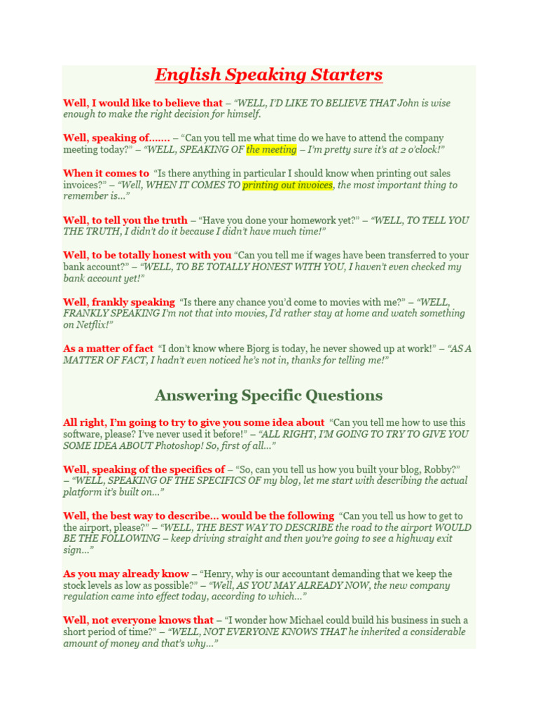 English Speaking Starters | PDF