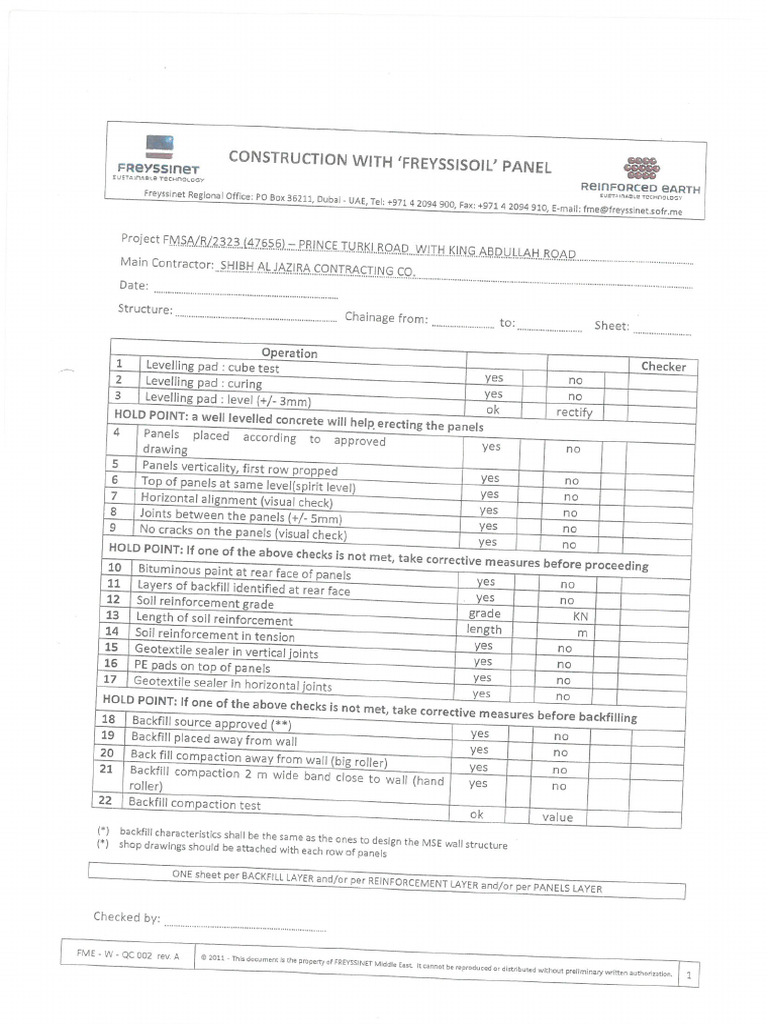 Checklist For Inspection of MSE Panels | PDF