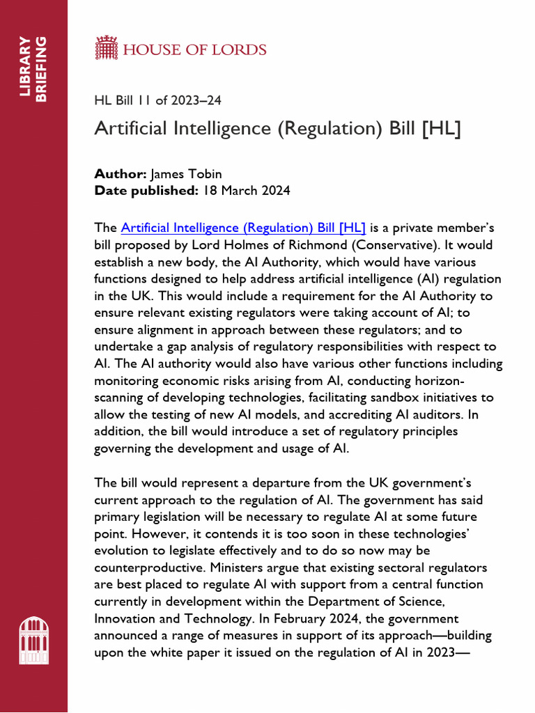 2024 0016 Artificial Intelligence Regulation Bill HL Large | PDF ...