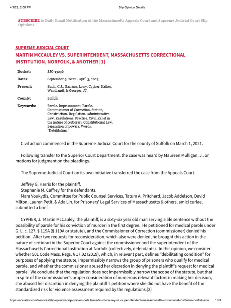 McCauley V Supt MCI Norfolk SJC-13296 (2023) | PDF | Parole | Crimes