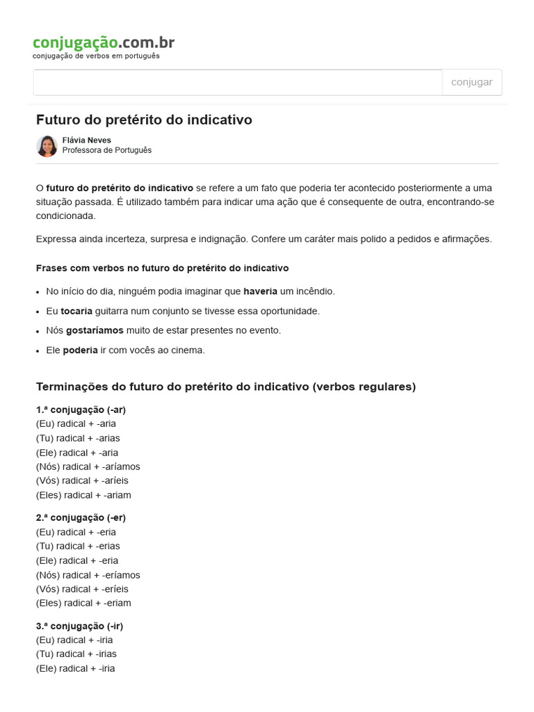 Futuro Do Pretérito Do Indicativo Conjugação De Verbos Pdf