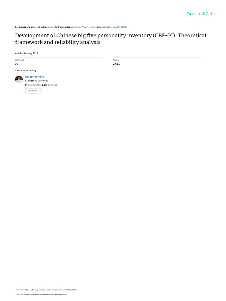 Development of Chinese Big Five Personality Inventory CBF PI ...