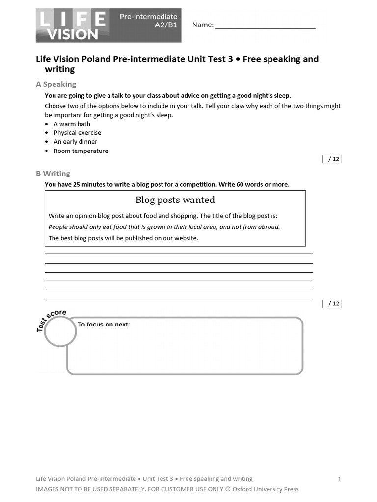 Life Vision Pre-Intermediate Unit Test 3 | PDF