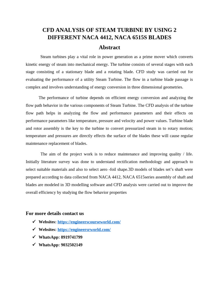 cfd Analysis of Steam Turbine by Using 2 Different Naca 4412, Naca 6515s Blades | PDF