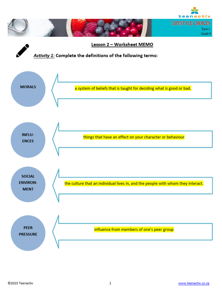 8 Lesson 2 - Worksheet MEMO | PDF | Adolescence | Attitude (Psychology)