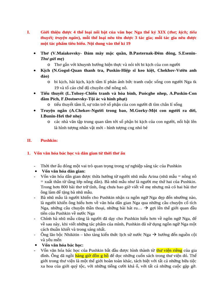 Đề cương VH Nga | PDF