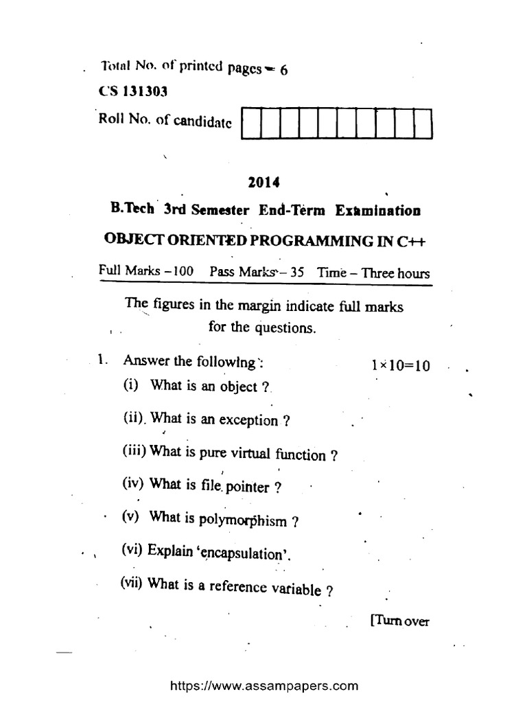 Btech 3 Sem Cse Object Oriented Programming In Cpp Cs 131303 2024 Pdf 0158