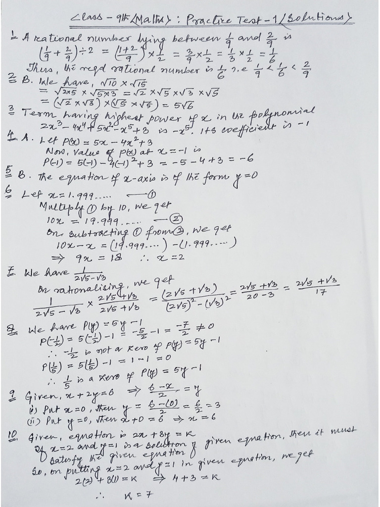 Class IX Maths Practice Test - 1 (Solutions) | PDF