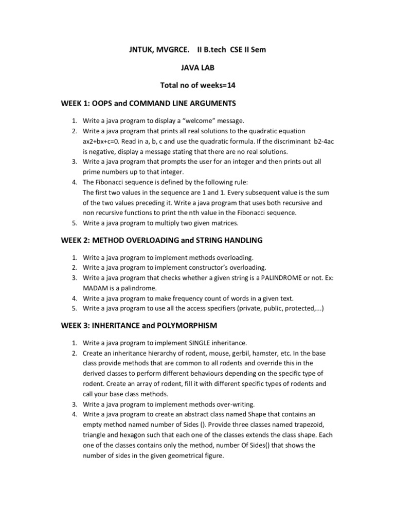 JNTUK, MVGRCE. II B.tech CSE II Sem JAVA LAB | PDF