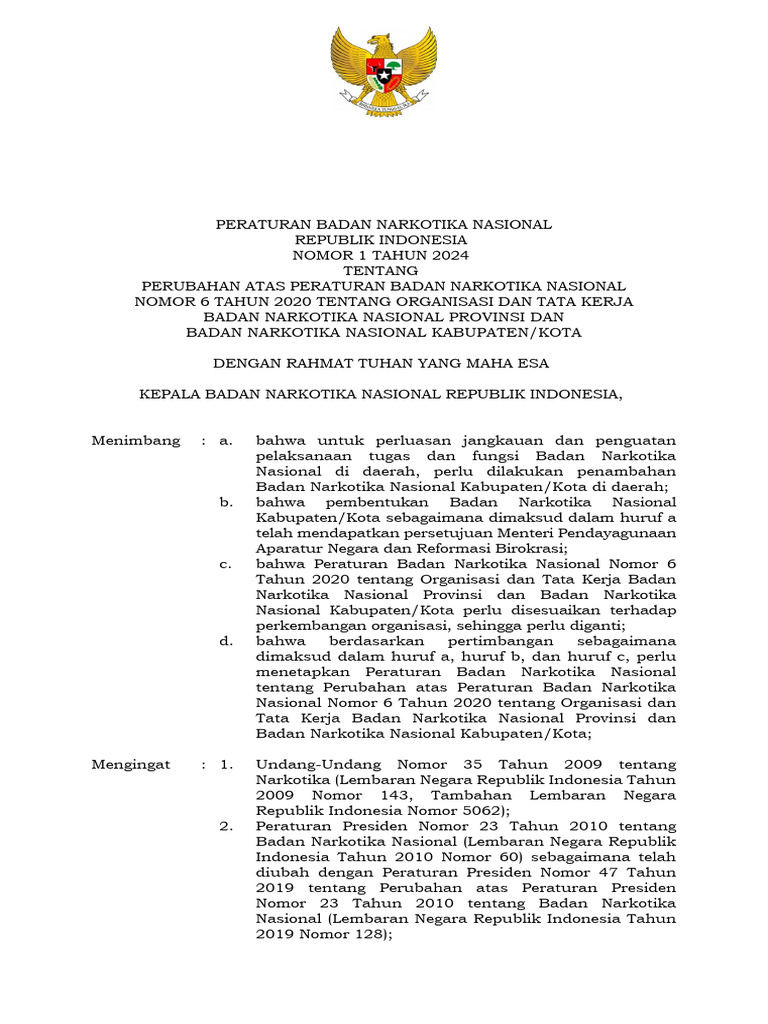 PerBNN Nomor 1 Tahun 2024 Tentang Perubahan OTK Prov | PDF