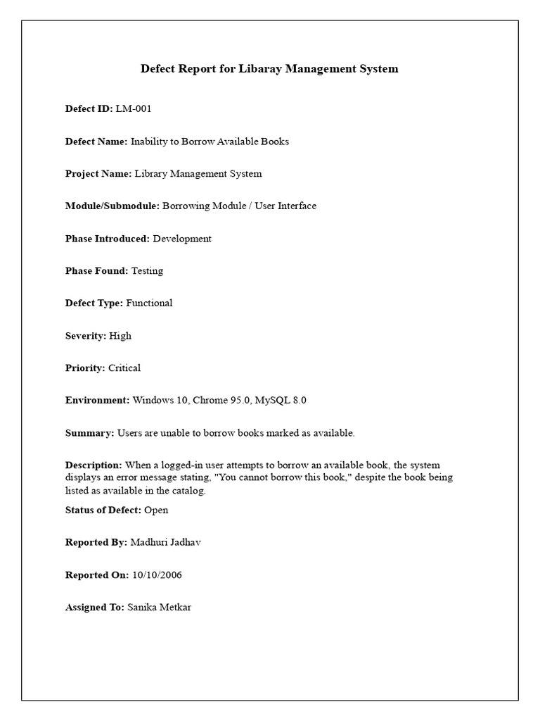 Defect Report for Libaray Management System (1) | PDF | User (Computing) | Login