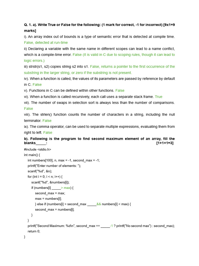 C Programming True/False Quiz and Code | PDF | Software Development ...