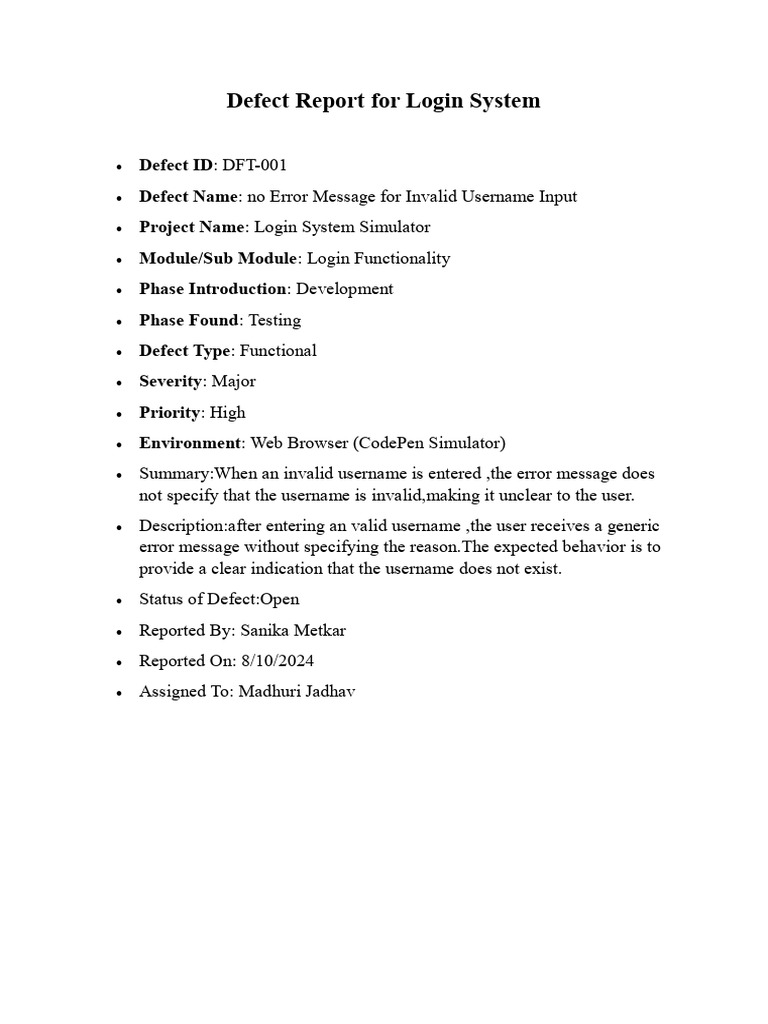 Defect Report for Login System | PDF
